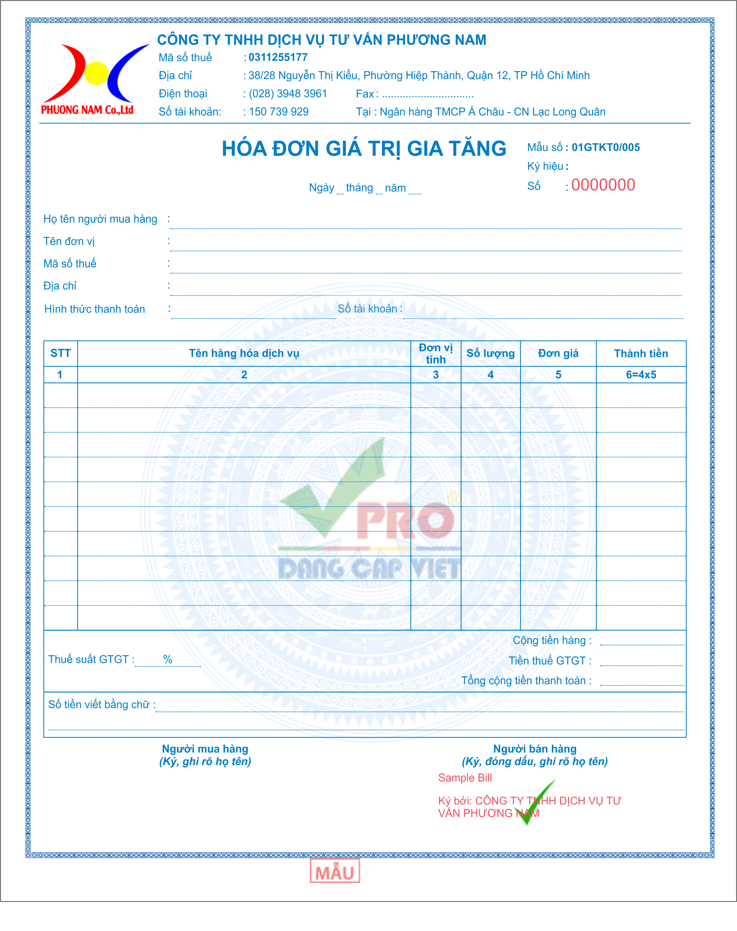 Mẫu hóa đơn - Công ty TNHH Dịch Vụ Tư Vấn Phương Nam chuyên, in hóa đơn ...